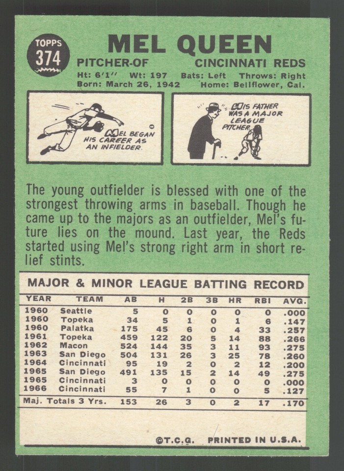 1967 Topps Mel Queen #374 - Cincinnati Reds - Vintage VG-EX | eBay