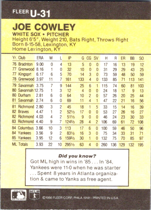 Joe Cowley 1986 Fleer Update #U-31 Baseball Card | eBay