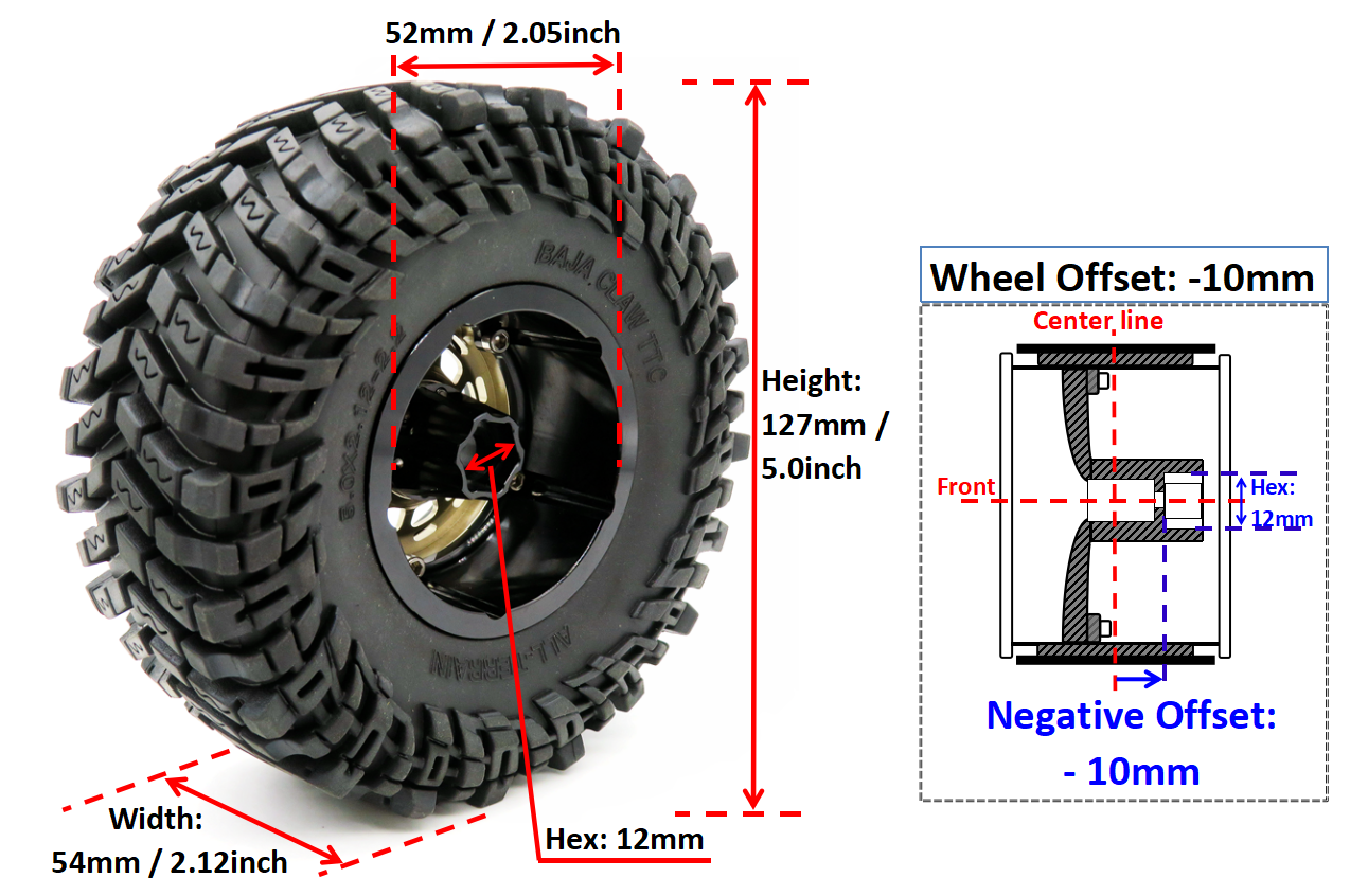 2x RC Soft Comp 2.2 Mud Crawler Tires 127mm & Negative Offset 2.2 ...