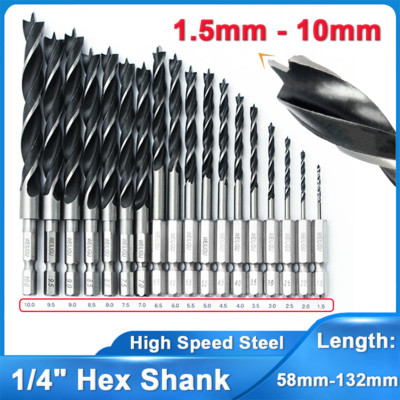 1.5-10mm HSS Brad Point Wood Drill Bit Set Twist 1/4" Hex Shank ...