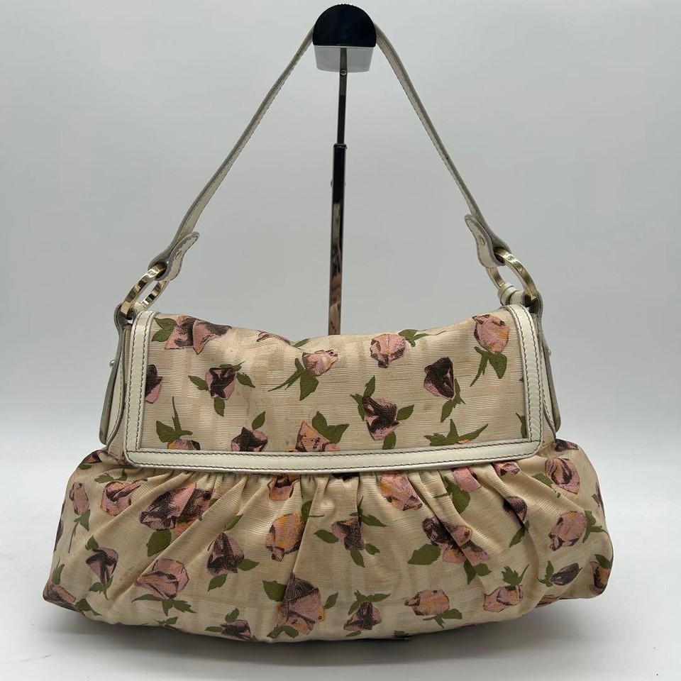 FENDI Shoulder Bag Leather Canvas Floral Pattern Beige Authentic | eBay ...