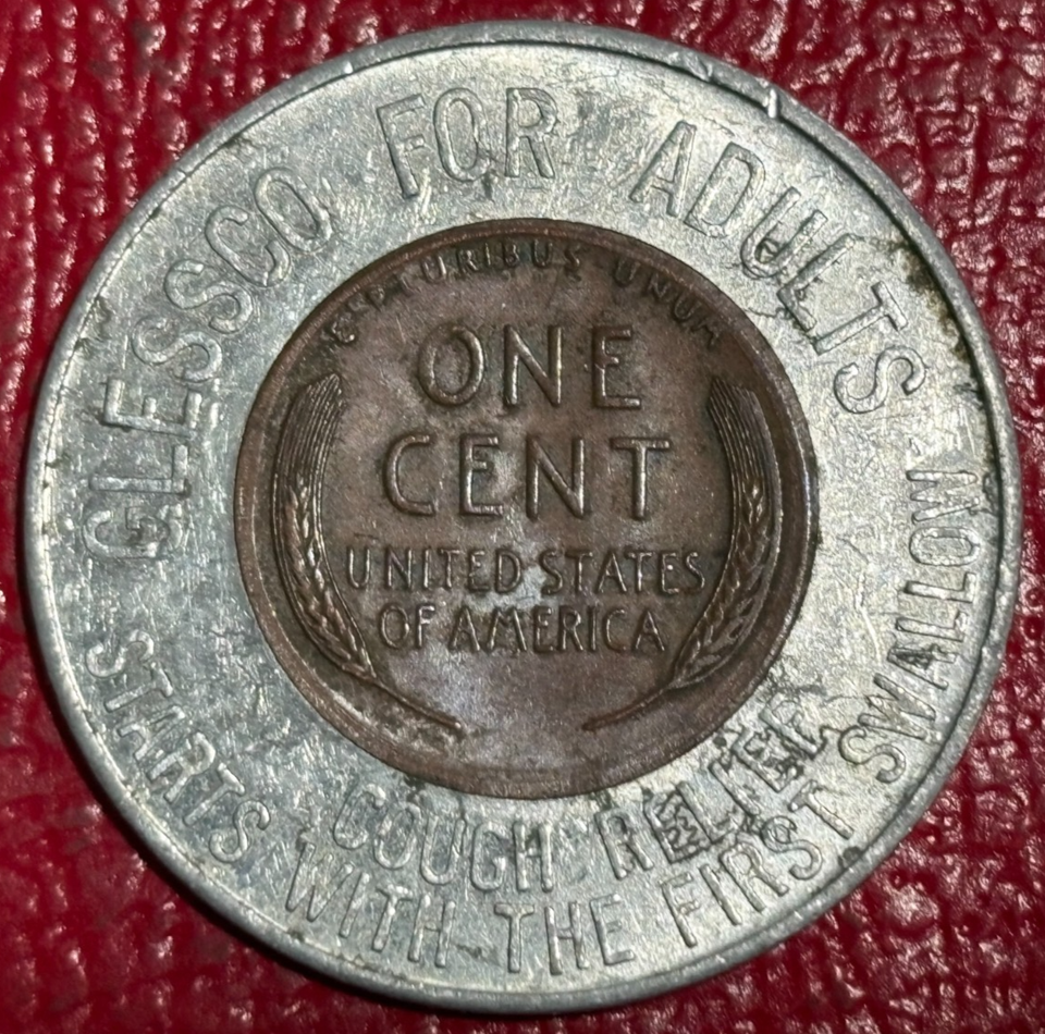 ENCASED COIN XF/AU 1955 D LINCOLN CENT DR. DRAKE'S COUGH SYRUP.-JUN424 ...