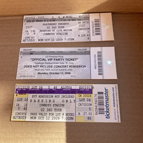 U2 CONCERT TICKET PARKING VIP PARTY & Unused TiCKETS OCTOBER 12 2009 ...