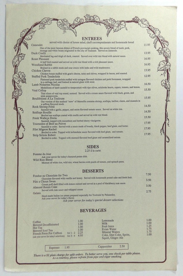 1980's Original Dinner Menu French RESTAURANT TOULOUSE Saugatuck ...