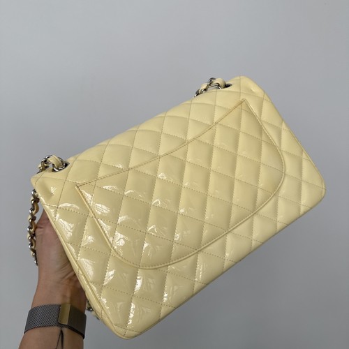 Chanel Classic Jumbo Double Flap Bag Yellow Patent Leather with Silver ...