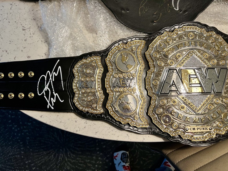 AEW Replica Belt On Real Leather Signed By Jericho, Punk, MJF, Samoa ...