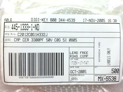 C2012C0G1H332JT TDK CAP CER 3300PF 50V C0G 0805 60 PIECES | eBay