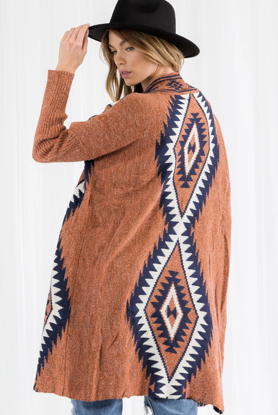 Boho Aztec Tribal Southwestern Print Knit Cardigan Sweater Duster Top S ...