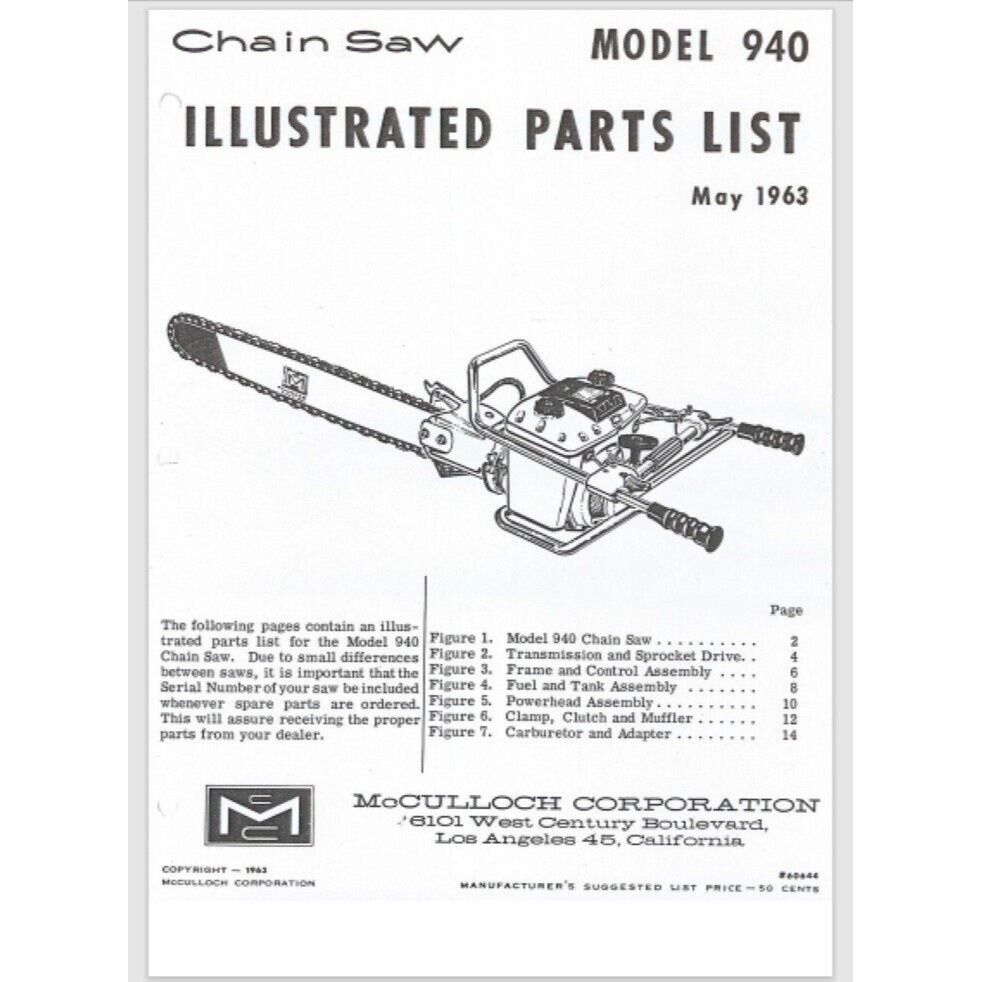 McCulloch 940 2 man Chainsaw Illustrated Parts List Exploded views 1963 ...