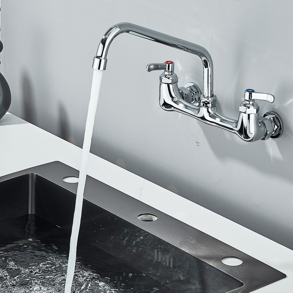Commercial Kitchen Faucet 8" Center Wall Sink Faucet 2-Handle Mixer ...