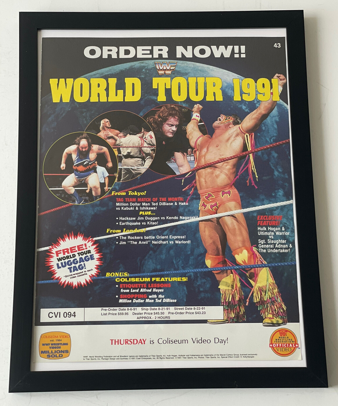 Vintage WWF World Tour 1991 VHS Video Store Poster Promo Ad 9x12 Framed ...