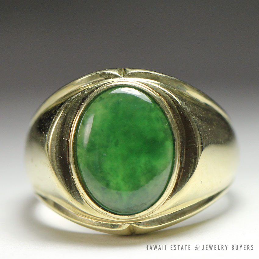 NATURAL GRADE TYPE A JADEITE JADE 14K YELLOW GOLD RING SIZE 8.75 W ...