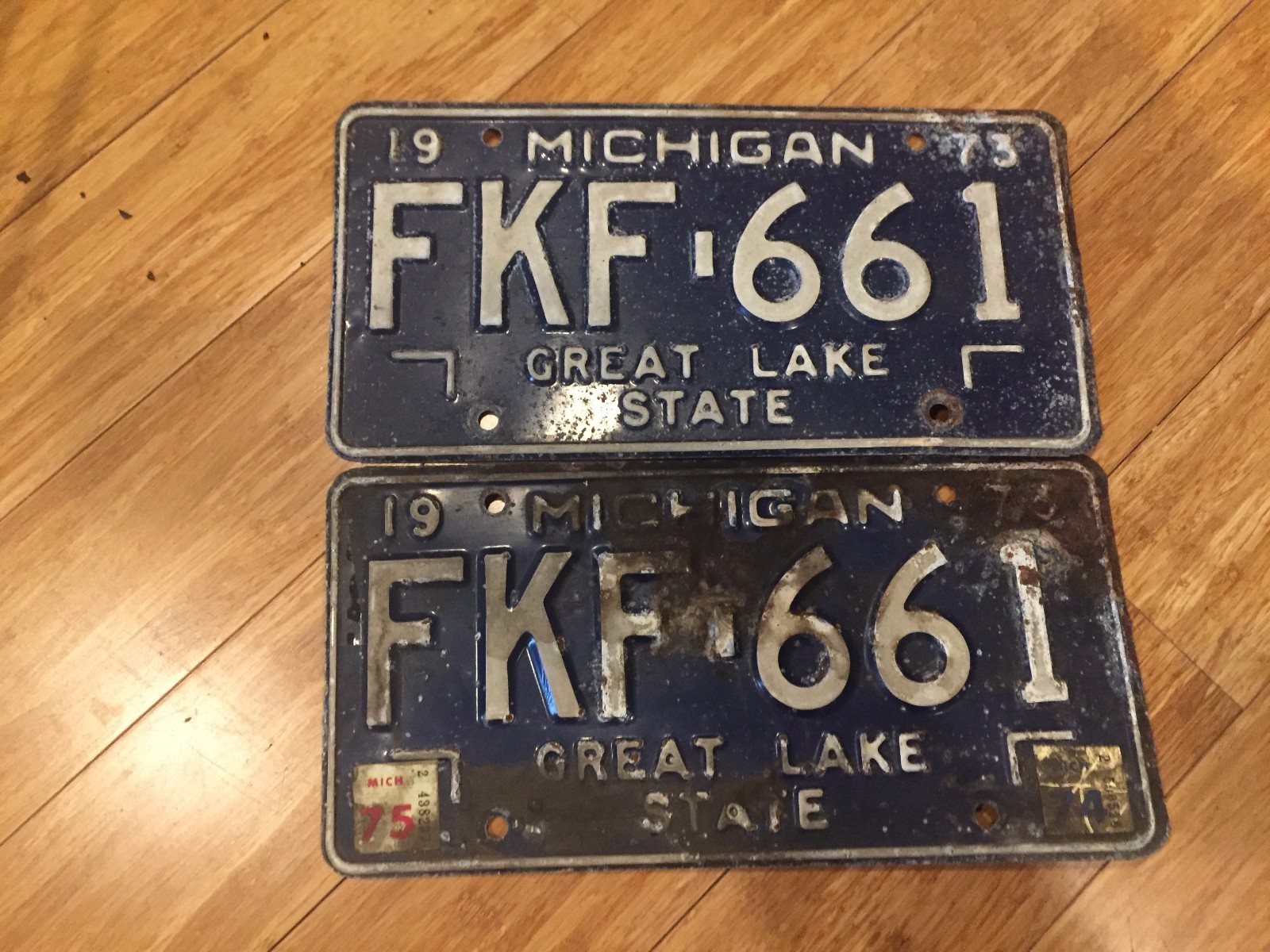 Vintage Lot of 2 1973 Michigan License Plate FKF661 White on Blue | eBay