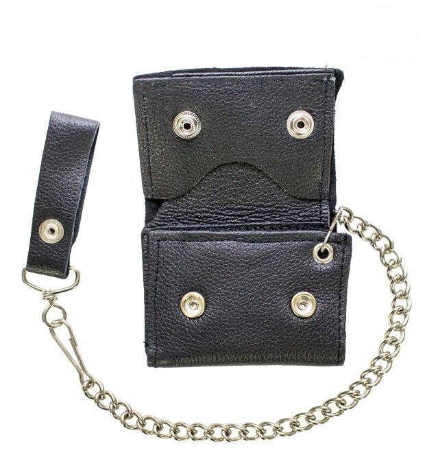 Men's Tri-fold Black Leather Chain Wallet Motorcycle Rider Trucker ...