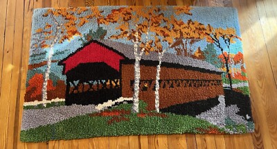 Vtg Shillcraft Latch Hook Rug Wall Art 36x59” Covered Bridge Complete ...