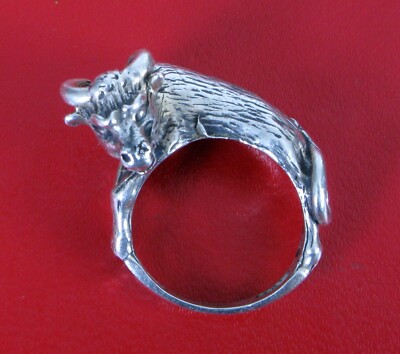 STUNNING VINTAGE STERLING SILVER WATER BUFFALO RAM BULL ? RING SIZE 6 ...