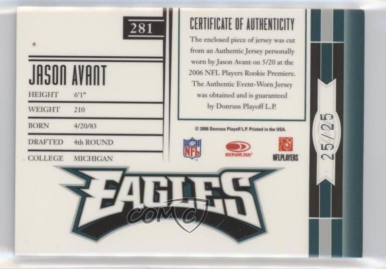 2006 Leaf Limited Phenoms Silver Spotlight /25 Jason Avant #281 Rookie ...