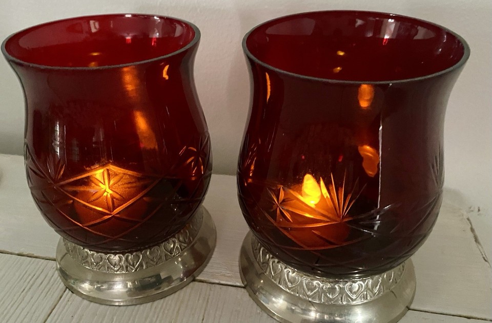 2 Ruby Red Cut Glass Diamond & Star Tealight Metal Base India, Vtg | eBay