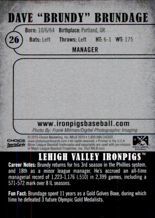 2015 Lehigh Valley Ironpigs Choice 1st ED #26 Dave Brundage Portland ...