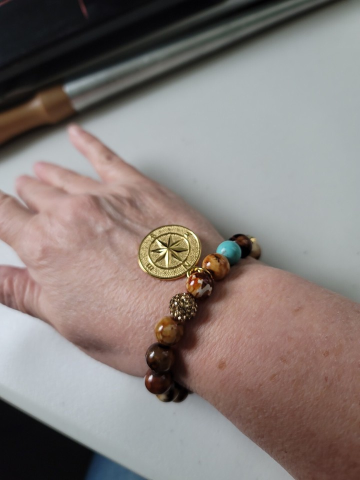 Earthy Brown Agate Bead Compass Bracelet | eBay
