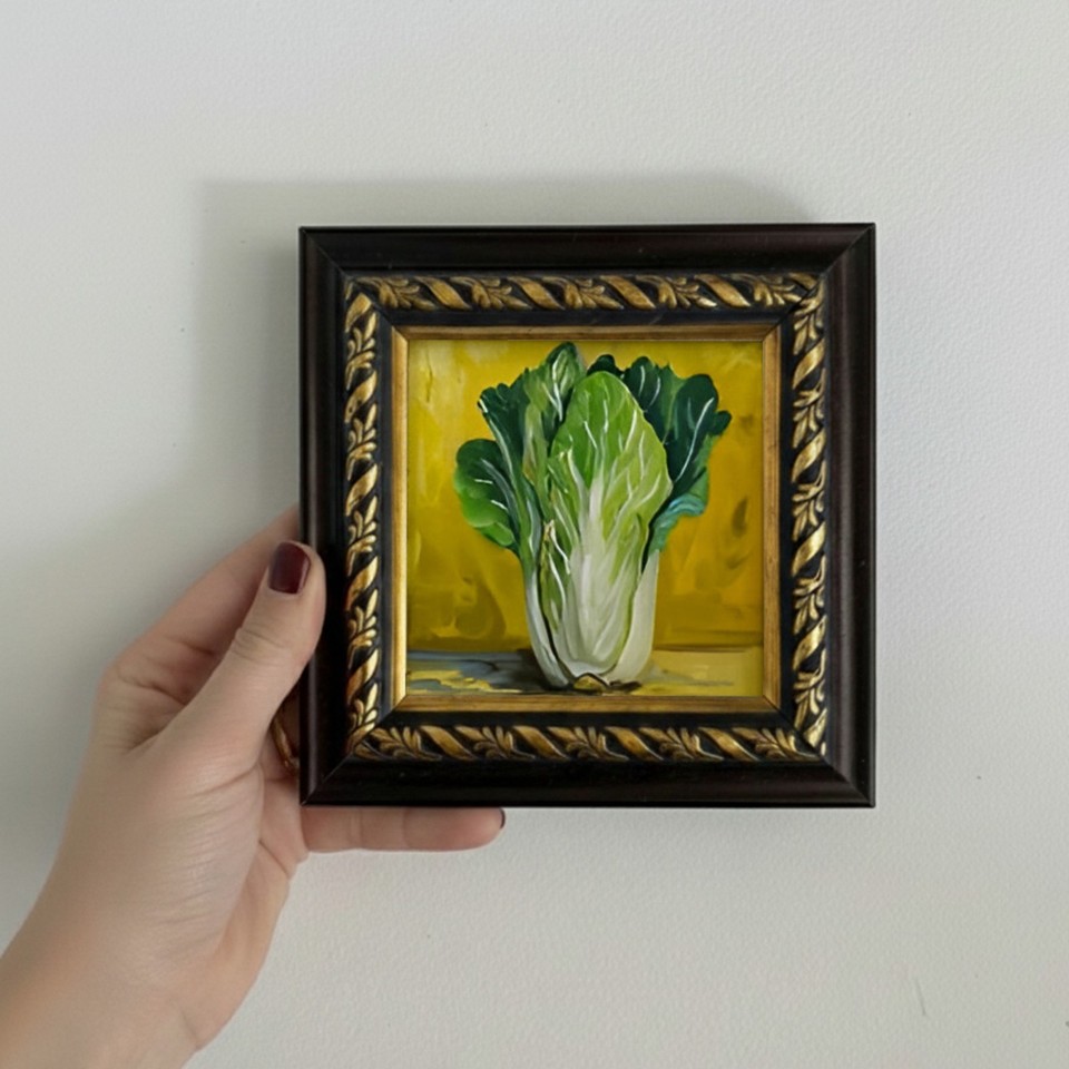 Original Oil Painting Cabbage Artwork Small Framed Kitchen Wall Decor ...