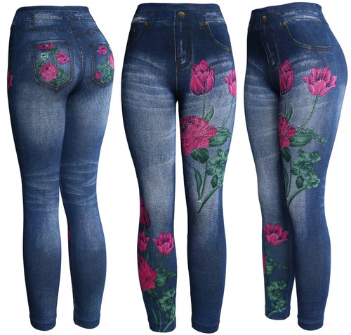 High Waist Women's Denim Print Fake Faux Jeans Leggings Pants | eBay