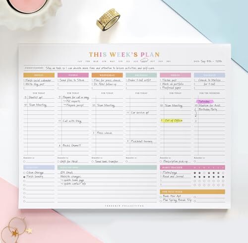 ThreeKin Weekly Planner - Premium 52-Sheet Tear-Off Notepad, 8.5 x 11 ...