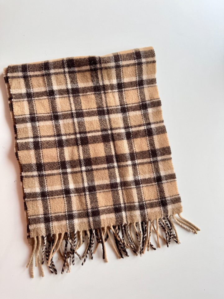 JAMES PRINGLE WEAVERS Scotland Brown Check 100% Wool Fringed Rectangle ...