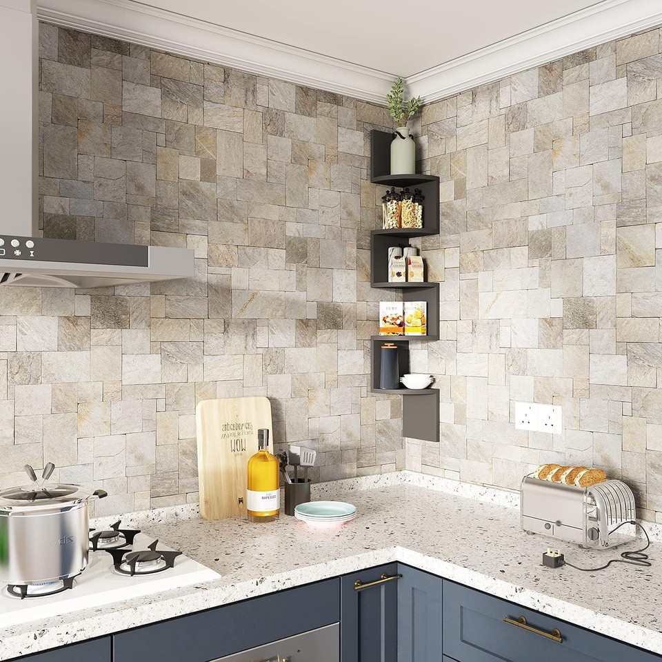 5-Tier Wall Mount Radial Floating Corner Shelf, Wood Display Storage ...