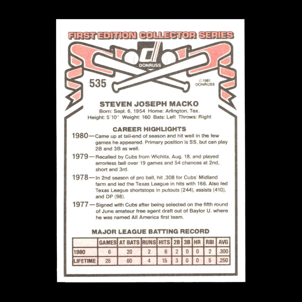 Steve Macko 1981 Donruss Chicago Cubs #535 NM+ Vintage! | eBay