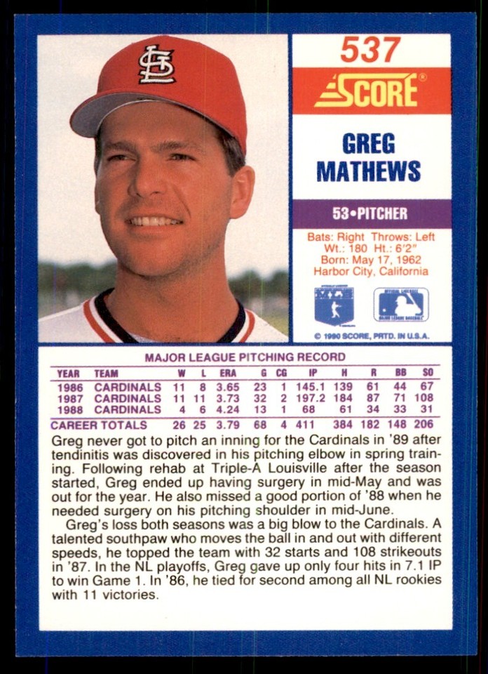 1990 Score Greg Mathews Baseball Cards #537 | eBay