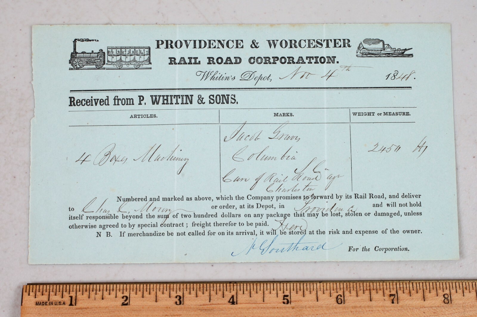 Antique 1848 Providence & Worchester Railroad Freight Invoice Bill of ...
