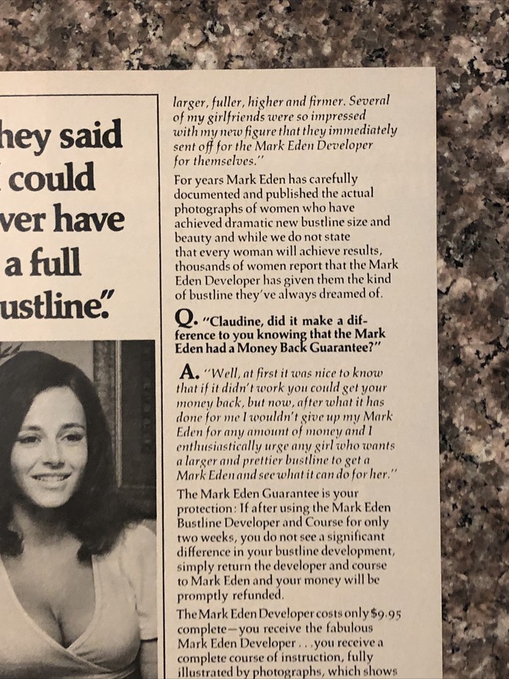 1974 Mark Eden Bustline Developer PRINT AD Claudine Warren Big Breasts ...