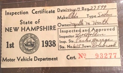 State Of New Hampshire Spring Auto Inspection Certificate - Olds No ...