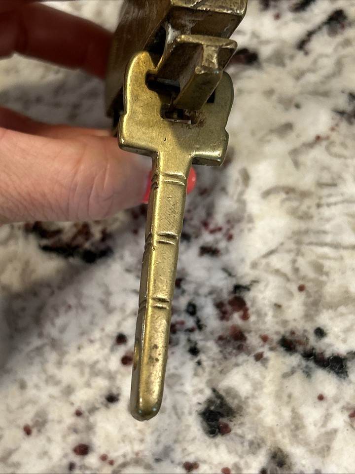 Antique 3” by 2” Brass Engraved Chinese Lock & Key, Early 20th Century ...