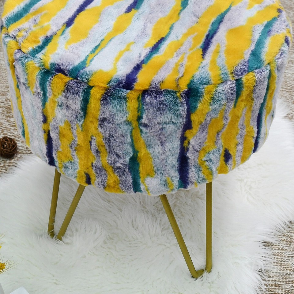 Luxury Plush Multi Jacquard Faux Fur Ottoman Round Foot Rest Stool for ...