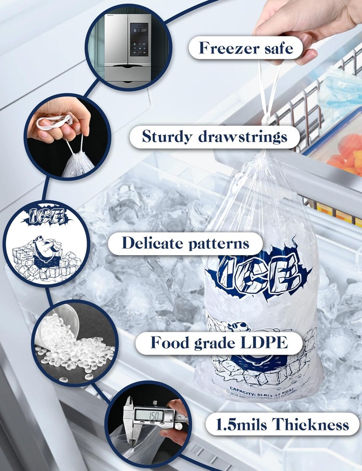 Ice Bags 5lb with Drawstring100 Pack Plastic Ice Bags for Ice Storage ...
