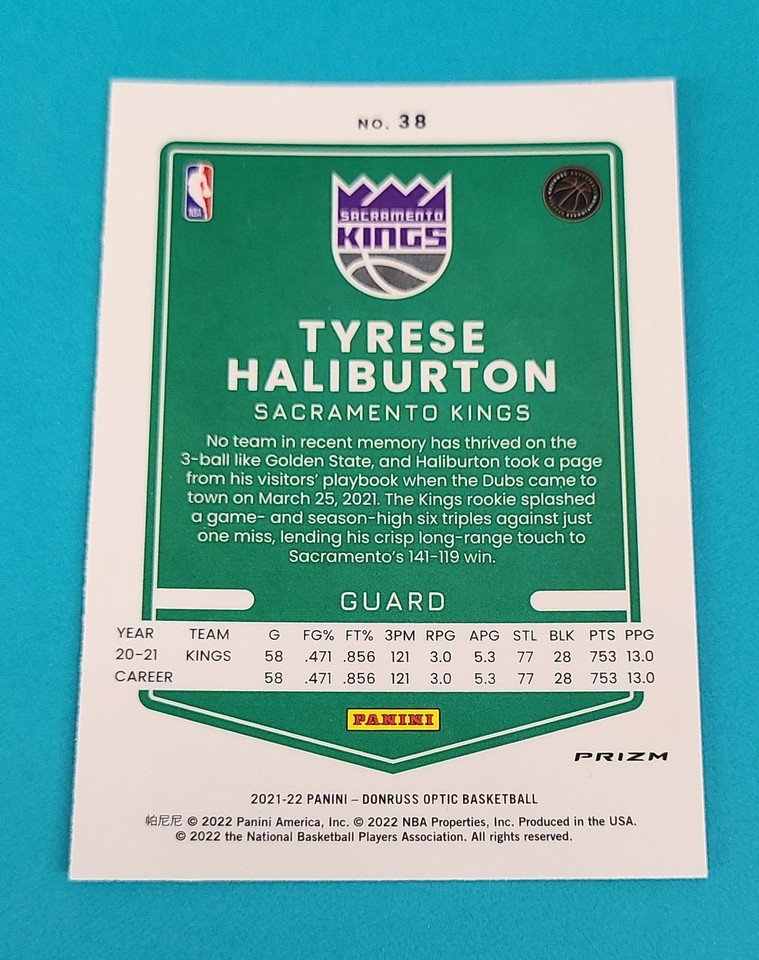 2021-22 Donruss Optic Holo #38 Tyrese Haliburton Sac Kings BASKETBALL ...