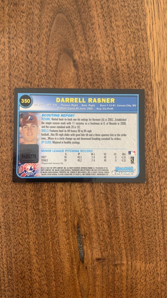 2003 Bowman Chrome Darrell Rasner Rookie RC Auto Autograph #350 Expos ...