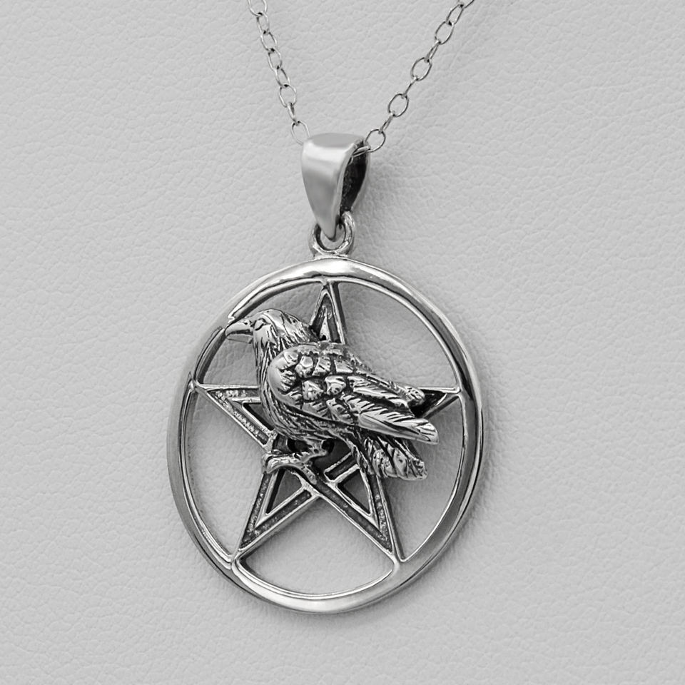 Sterling Silver Raven Pentacle Pendant Necklace - Pentagram Pagan Crow ...