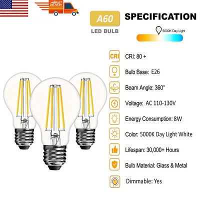 A19 LED Dimmable Edison Bulb E26 8W 5000K Daylight White A60 Filament Light Bulb | eBay