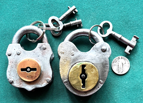 2 Antique Smokehouse DOUBLE BITTED Padlocks + Operable Keys – Late ...