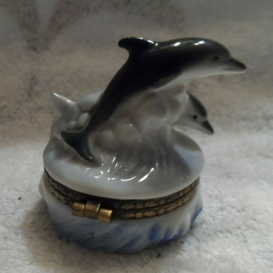 round hinged trinket box with 2 dolphins on the lid 2" x 3" | eBay