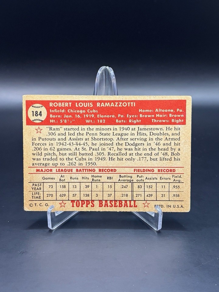 1952 Topps Bob Ramazzotti #184 Mid Grade Chicago Cubs Free Ship | eBay