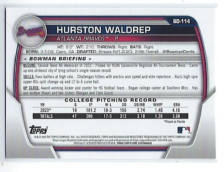 2023 Bowman Draft - Hurston Waldrep - #BD-114 - 1st Bowman | eBay
