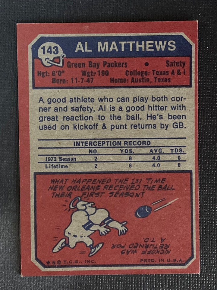 Al Matthews 1973 Topps Rookie Football Card #143 - Green Bay Packers ...