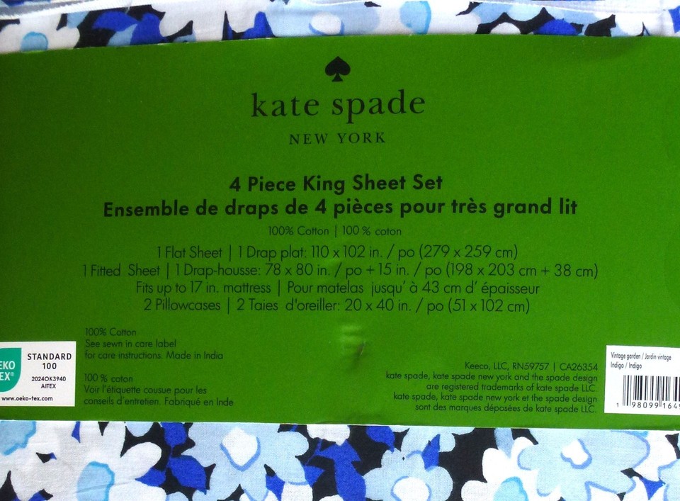 KATE SPADE 4pc Vintage Garden KING Sheet Set Indigo Blue Floral 100% ...