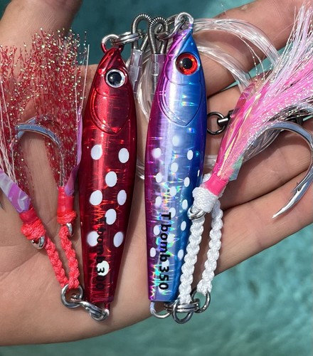 2 Tungsten Bomb Jigs 300g 350g Tiny Solid Tg ready to fish Leader Hooks ...
