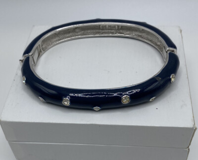 ERWIN PEARL Signed Hinged Bangle Navy Blue Enamel Rhinestone Nautical ...