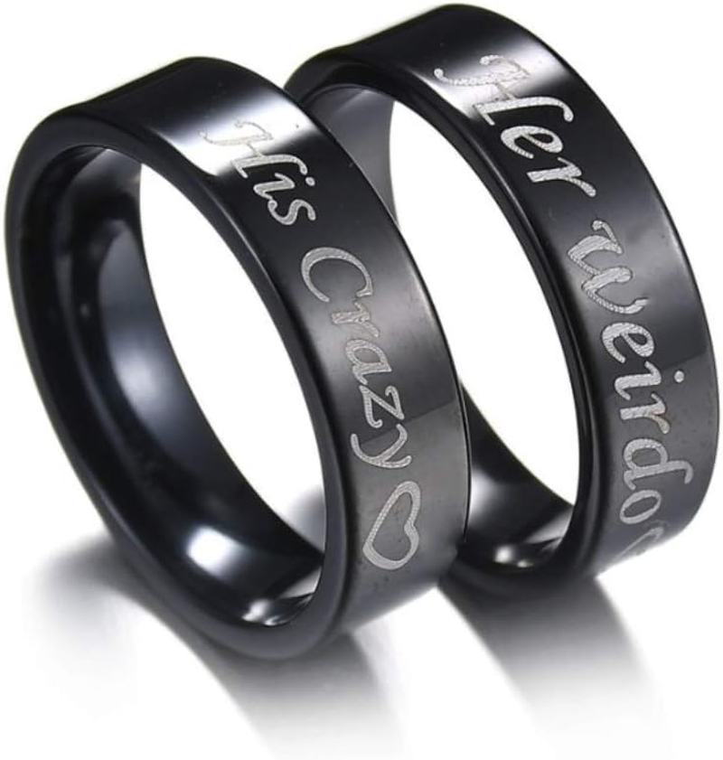 Her Weirdo Heart Engraved Ring Black Stainless Steel Engagement Wedding ...